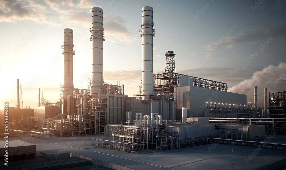Wide-Angle Photo of Natural Gas Power Plant with Gas Turbines, Exhaust ...