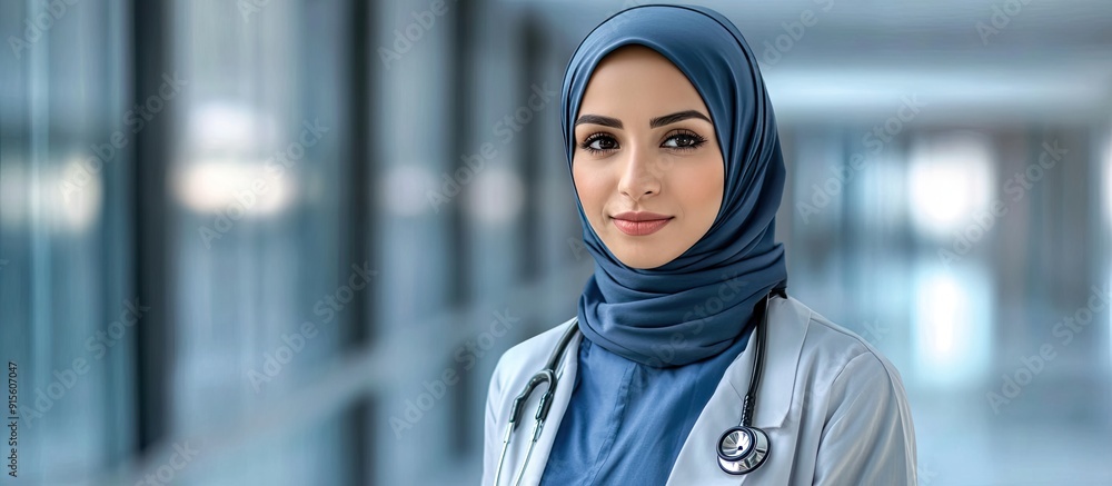 Muslim woman in a hijab and medical attire holding a stethoscope ...