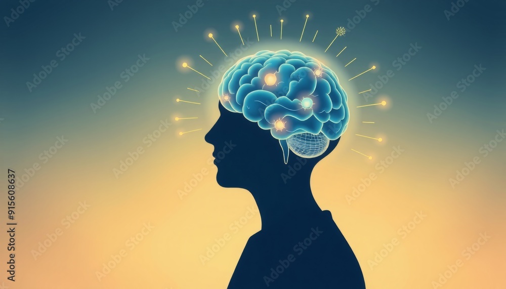 vector illustration of a person with an illuminated brain symbols of ...