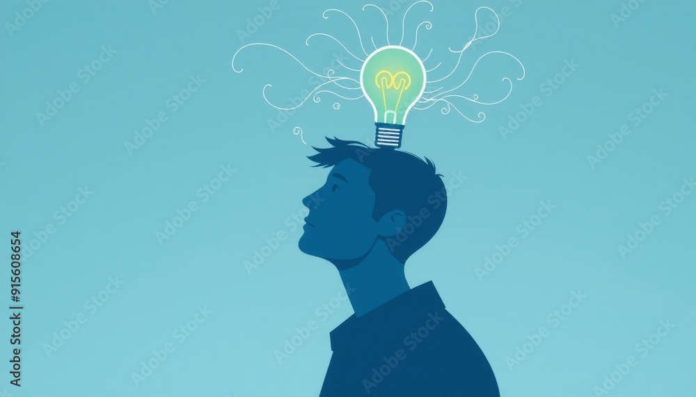vector drawing of an individual with a luminous light bulb above their ...