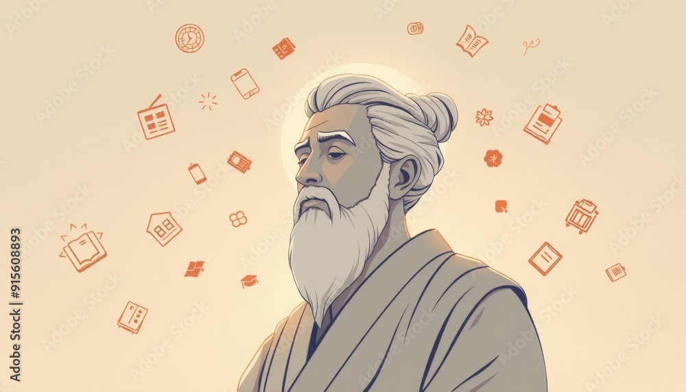 vector drawing of a scholar in a serene pose surrounded by floating ...