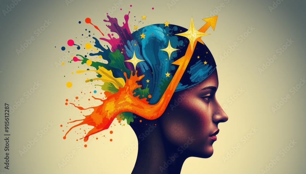 detailed vector illustration of a human head with creativity shown as ...