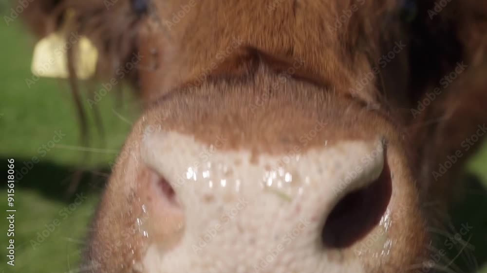 A curious Highland cow with cattle ear tag, long hair and large horns ...