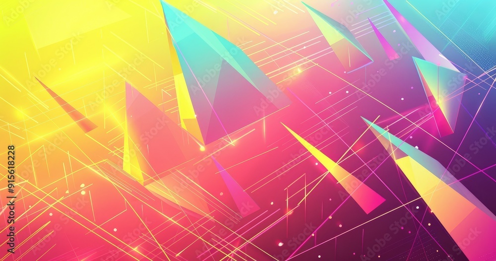 Vibrant gradient background with geometric shapes and grid lines. A ...