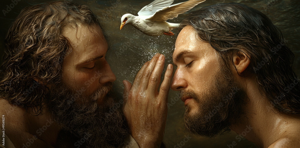Divine affirmation: baptism of Jesus Christ by John in Jordan River ...
