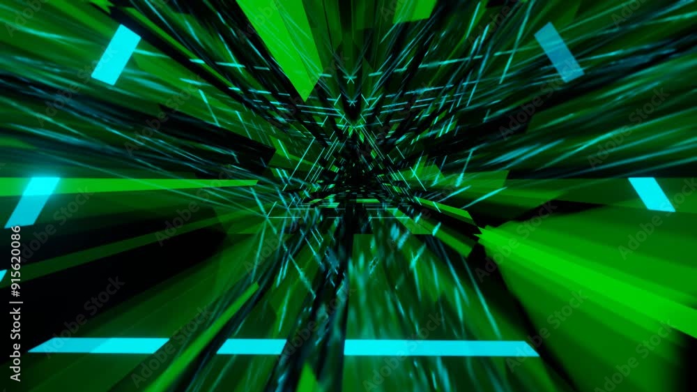 triangular shape tunnel. 4k seamless looped animation. Fly through mirror tunnel with neon ...