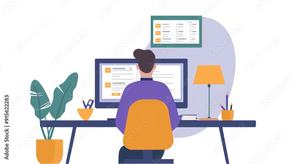 person working on computer, vector, illustration, an office workers ...