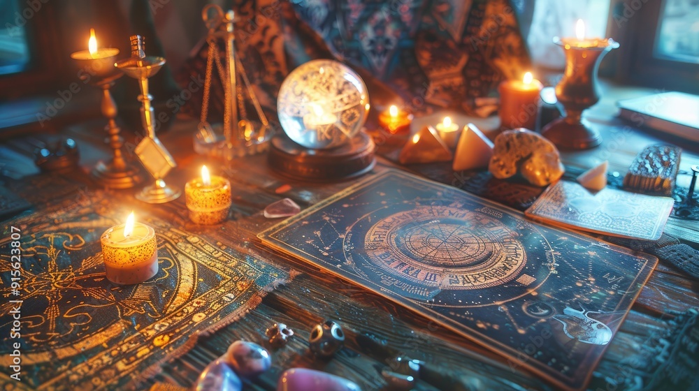 Mystical Divination Tools in Candlelight - Pendulum, Crystal Ball ...