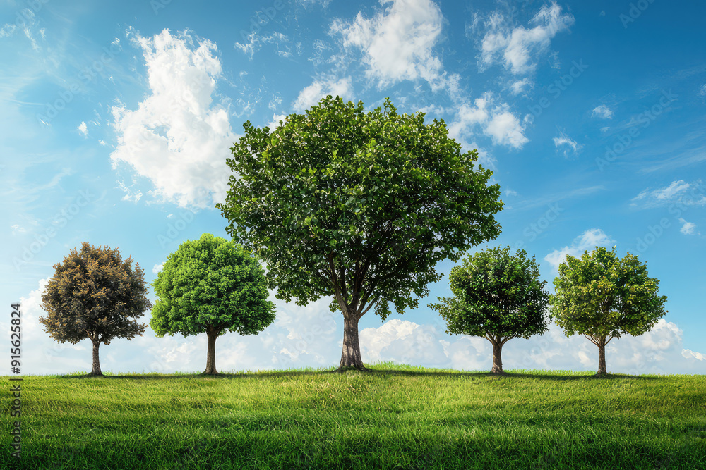 Five vibrant trees stand in a lush, green field under a bright blue sky ...