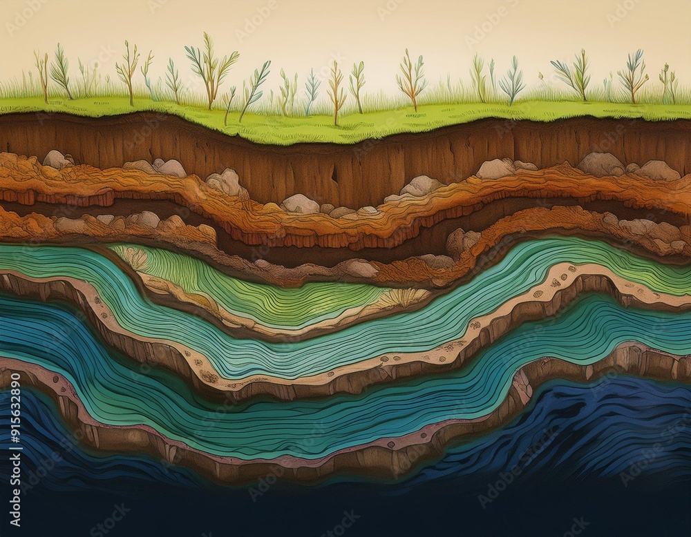 Section of soil with underground water layers, underground, soil ...