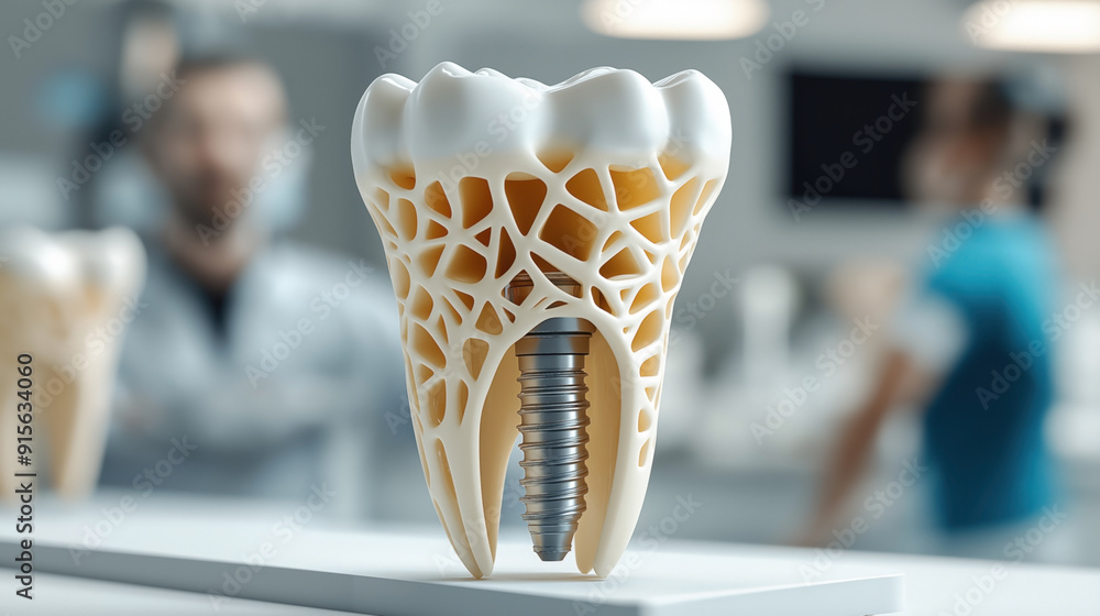 A close-up model of a dental implant showing a detailed cross-section ...