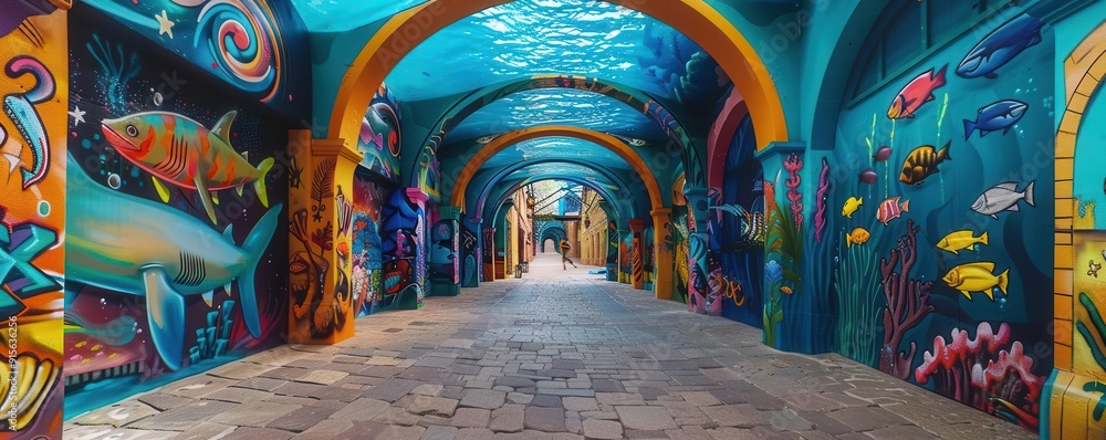 Merge underwater wonders with street art in a photorealistic scene of ...