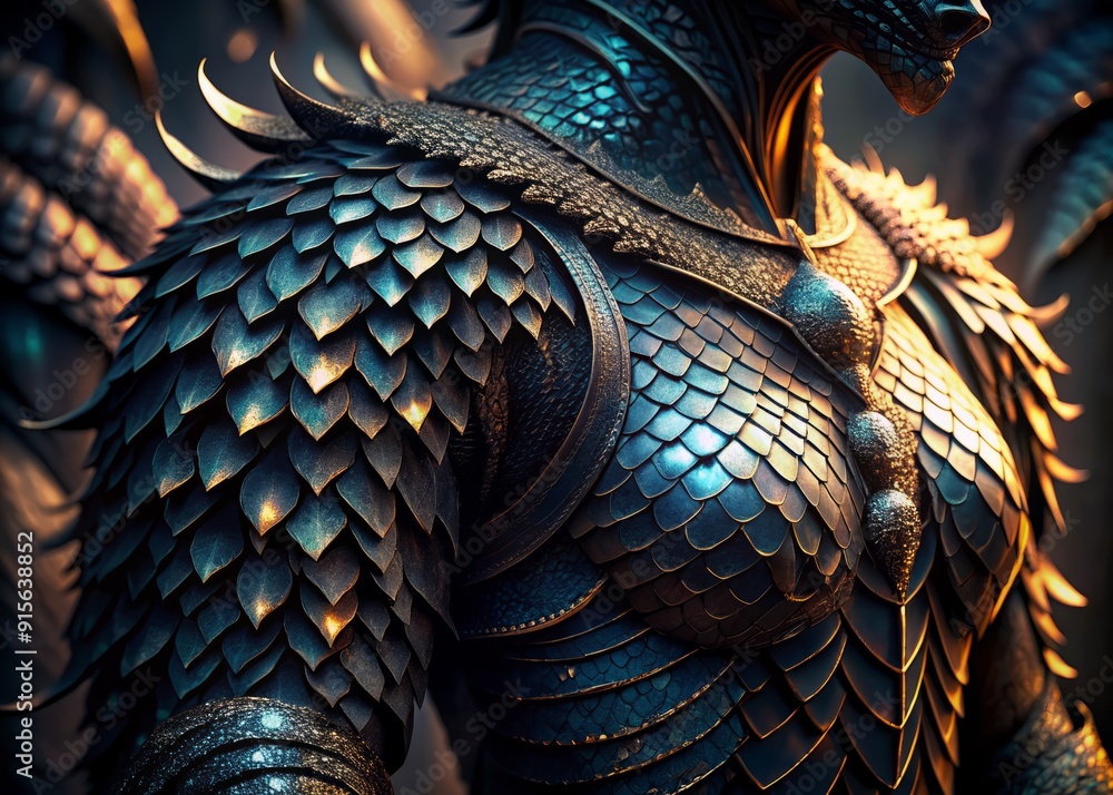 Intricately detailed, glossy black scales of mythical creature shimmer ...