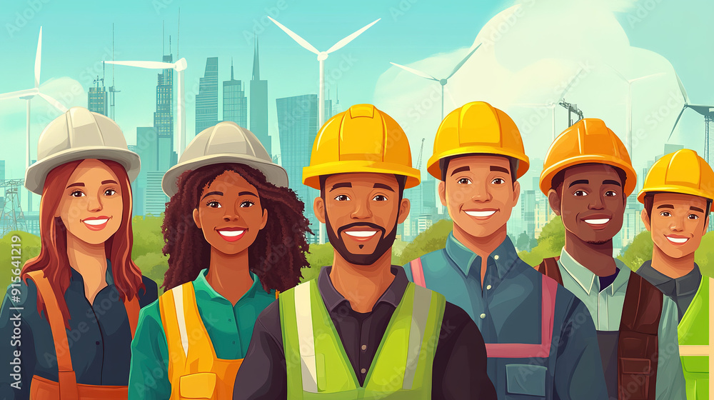 Colorful cartoon vector image of multiethnic construction workers ...