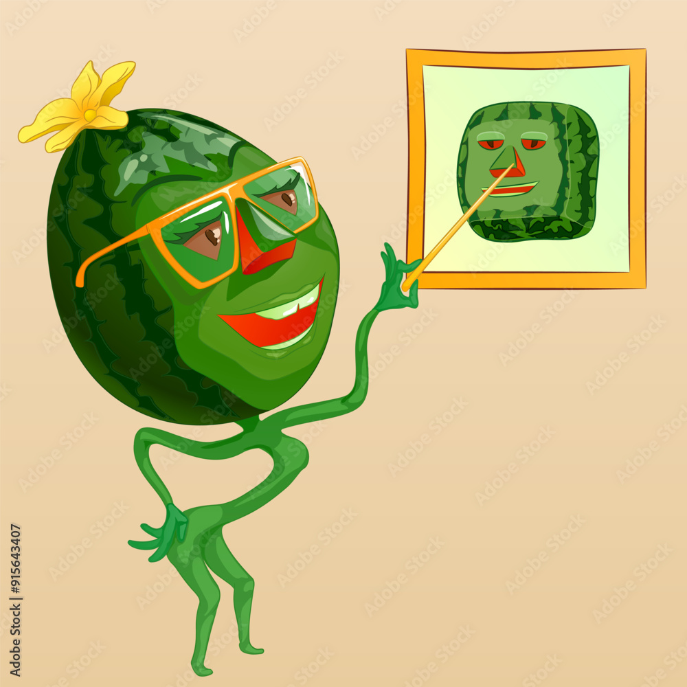 Cartoon watermelon with glasses holding pointer in his hand. Vector ...