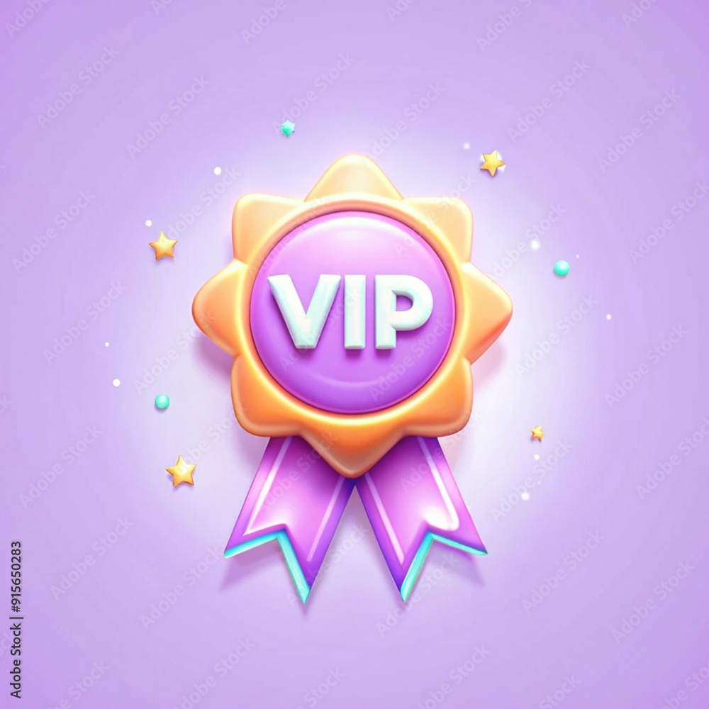 Generative ai. VIP badge, glowing, purple and orange, ribbon, stars and ...