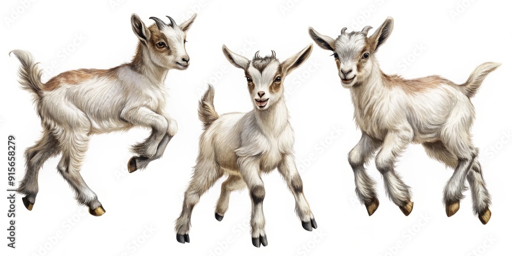 Adorable vintage illustration of three baby goats in distinct poses ...