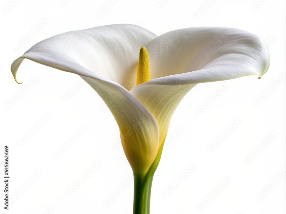 Isolated elegant calla lily flower with trumpet-shaped white petals and ...