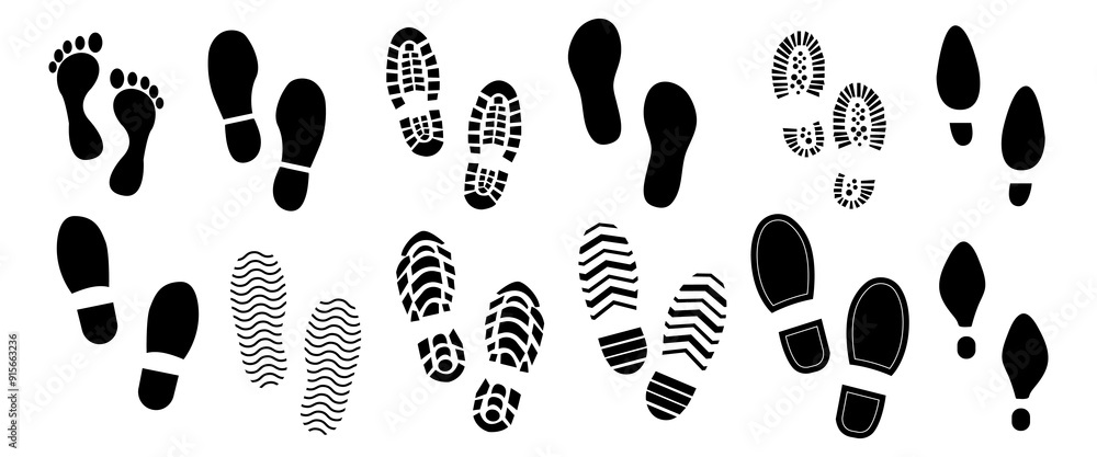 Footprints human silhouette, vector set, isolated clip art collection ...
