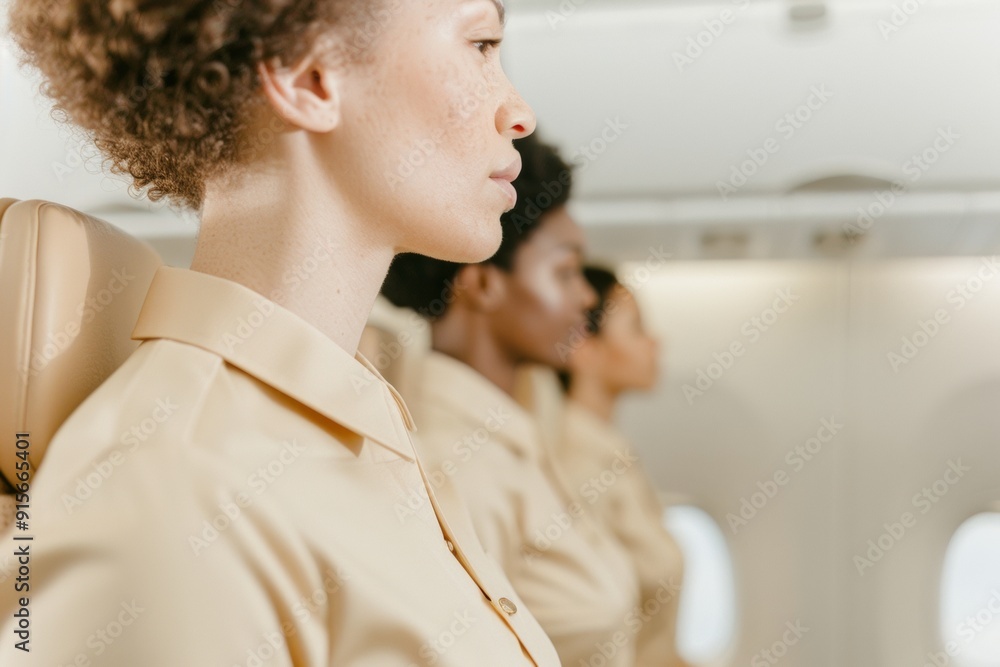 Diverse Cabin Crew Members Conducting Airline Safety Demonstration in ...