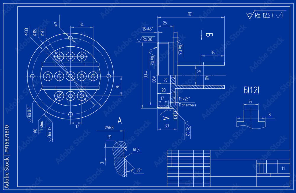 Vector drawing of a steel mechanical part with through holes ...