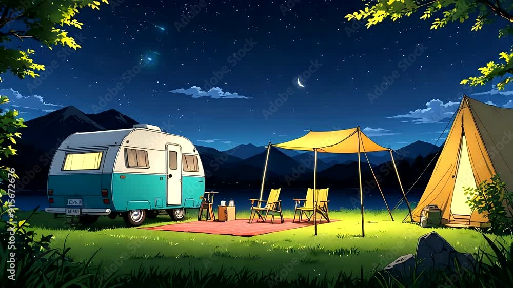 Cozy campsite with tents and a vintage caravan set up by a lakeside ...