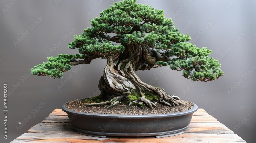 Bonsai with dense needles and a gnarled trunk, presented on a neutral ...