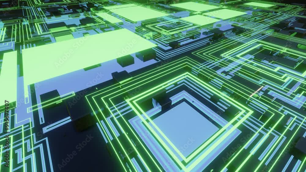 4k looped animation. Flight over hi tech pattern on plane surface, neon ...