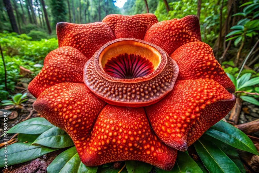 Vibrant red petals unfold from a massive, fleshy bloom, emitting a ...