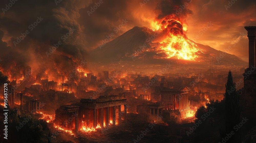 Photo The catastrophic eruption of Mount Vesuvius during the ...
