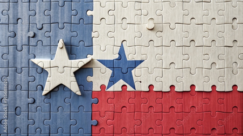 A Texas state flag is framed by white puzzle pieces with missing ...