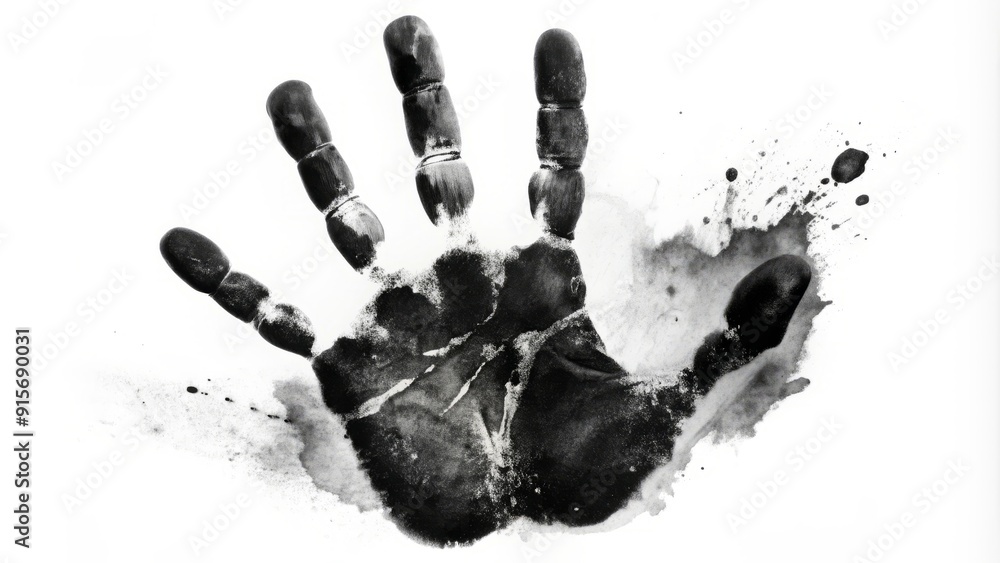 Black paint handprint on white background, featuring a child's hand ...