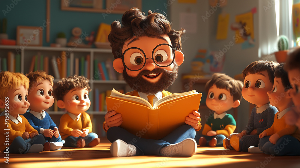 In a cozy 3D cartoon classroom, a teacher reads a storybook to young ...
