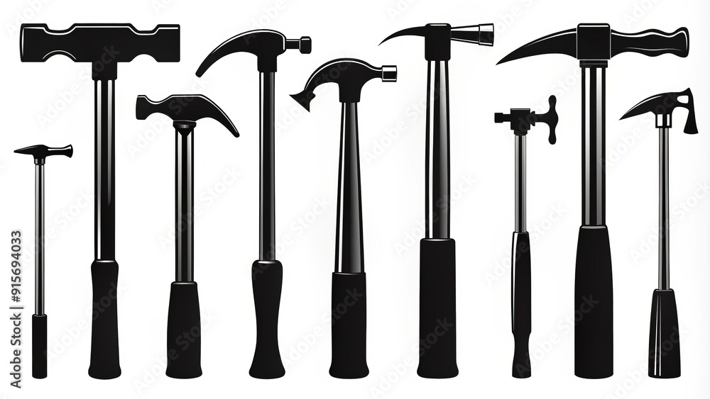 Collection of various hammer silhouettes in black and white, isolated ...