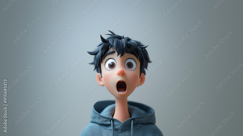 On a white background, a 3D cartoon character displays a shocked ...