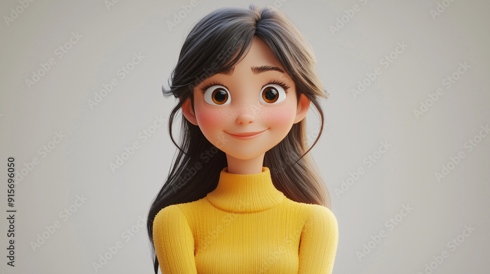 A young woman in 3D cartoon style with a blushing face and shy smile ...