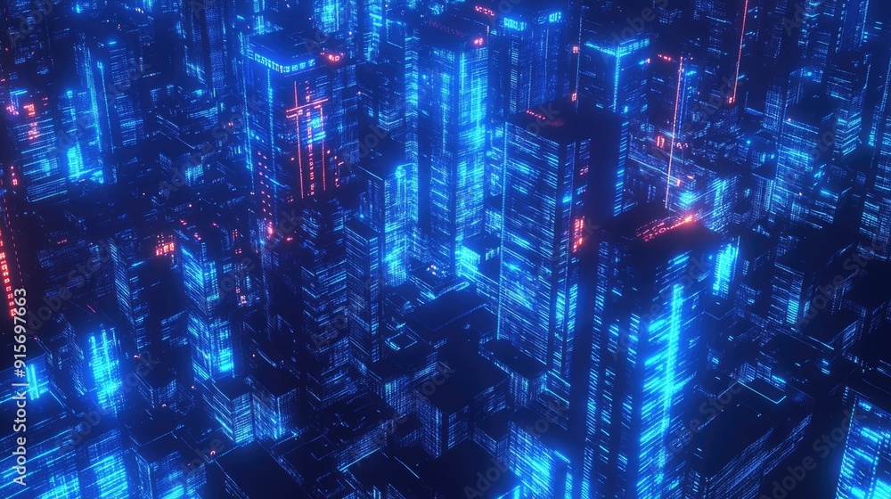 High-tech city glowing in neon blue with dynamic binary code. Illustration of advanced data flow ...