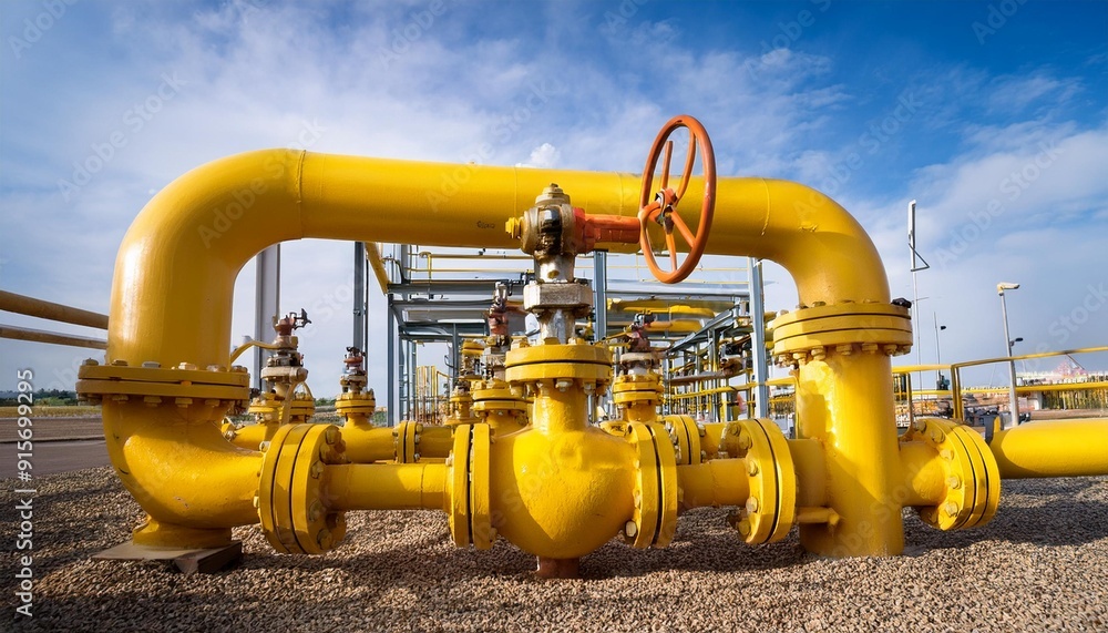 Gas pipeline of yellow color with additional equipment, pipes and ...