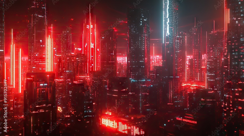 Red-lit futuristic city with a dark, tech-heavy backdrop. Cyberpunk ...