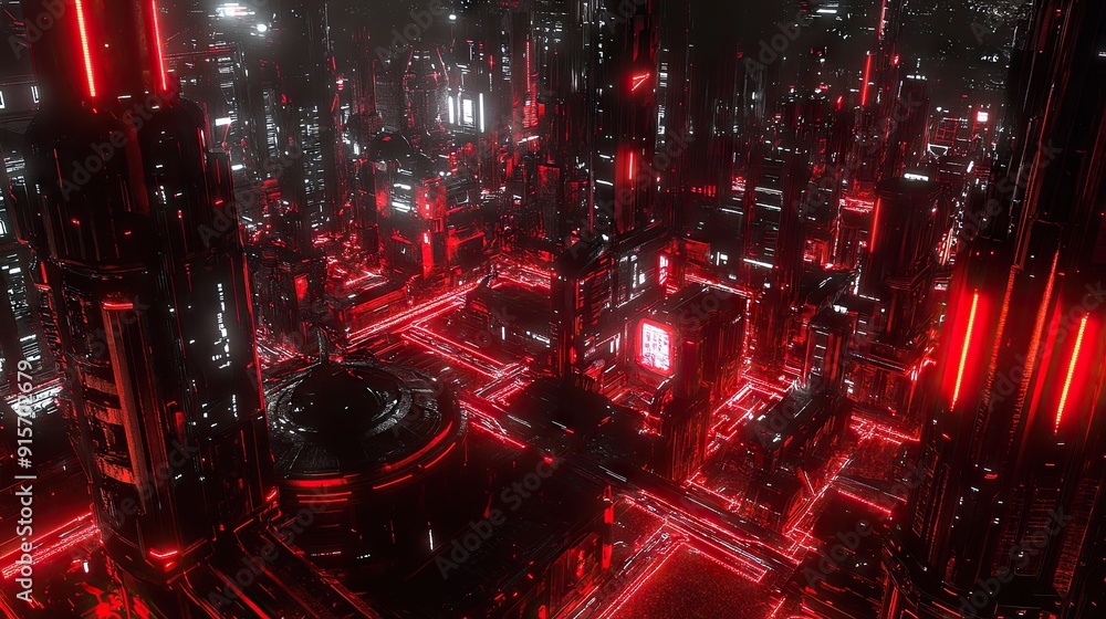 Red-lit futuristic city with a dark, tech-heavy backdrop. Cyberpunk ...