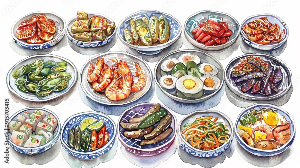 Banchan (Korean side dishes) assortment on small plates,Clipart ...