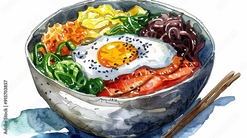 Hwe dup bap (Korean raw fish bibimbap) in a bowl,Clipart, watercolor ...