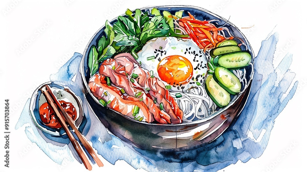 Hwe dup bap (Korean raw fish bibimbap) in a bowl,Clipart, watercolor ...