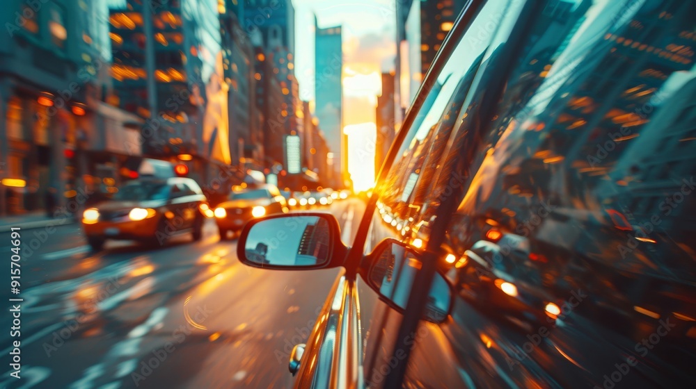driving shot through a car's side window, showing a bustling cityscape ...