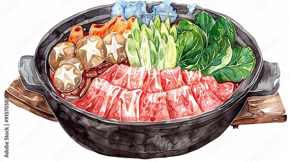 Shabu-shabu hot pot with thinly sliced beef and vegetables,Clipart ...