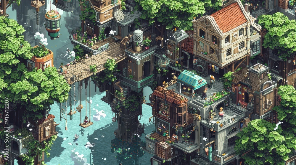 Vibrant Pixel Art Fantasy Cityscape, bustling streets with diverse ...