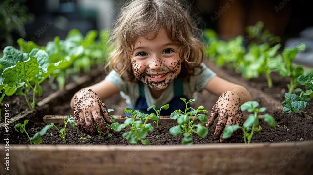 Child with a dirt-covered face, joyfully tending to small vegetable ...
