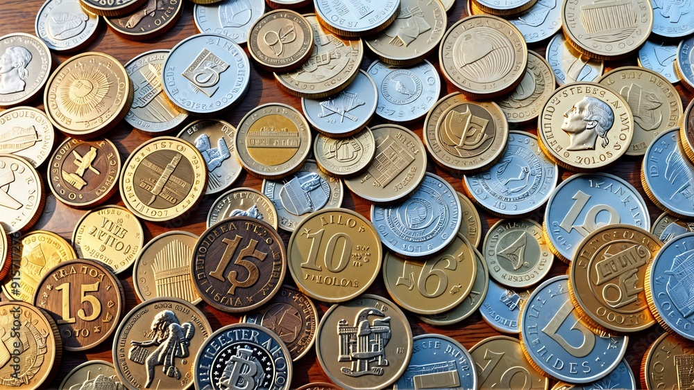 Muchas monedas en el fondo. Simboliza la economía mundial. Monedas de ...