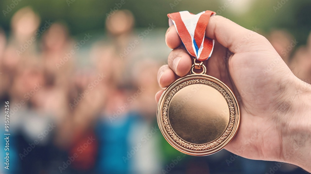 Hand presenting a bronze medal against a blurred cheering crowd winning ...