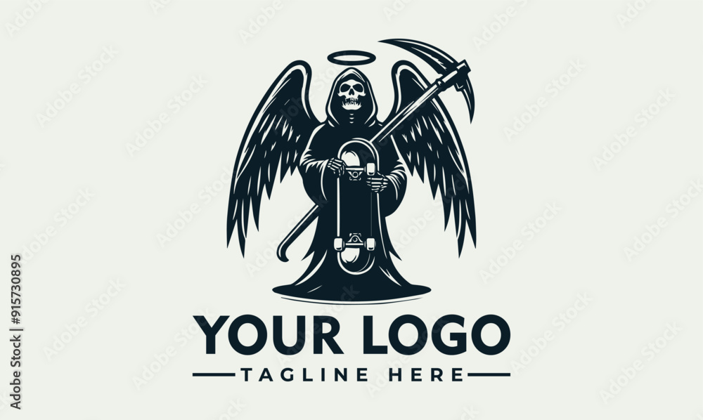 Skeleton angel wings holding skateboard and scythe vector logo depicts ...